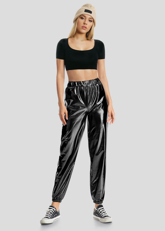 Women's Shiny Metallic Jogger Pants - High Waisted Disco Party & Rave ...