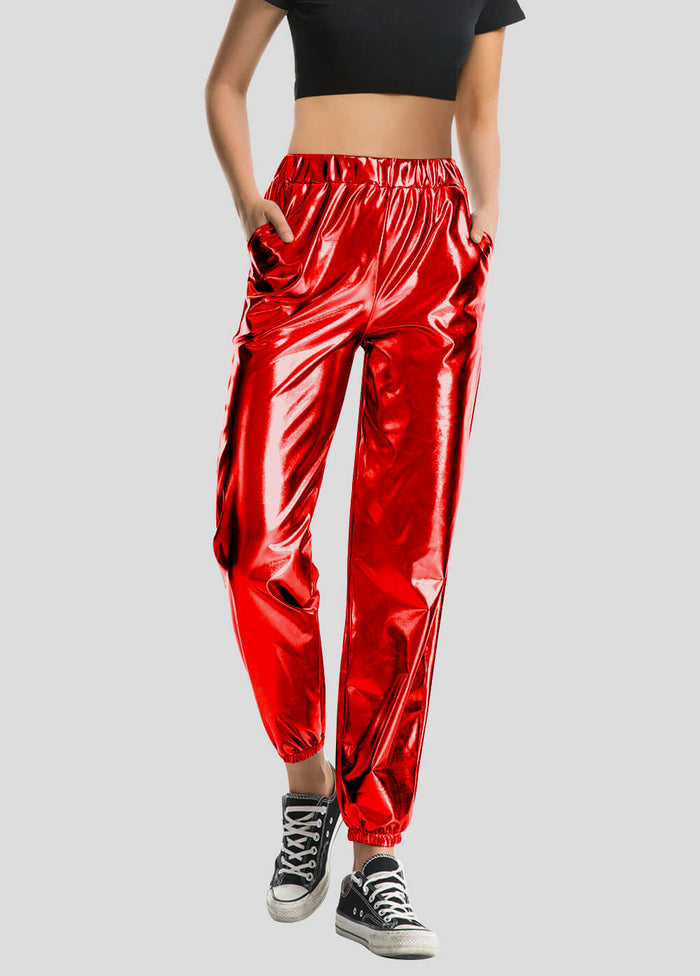 Women's Shiny Metallic Jogger Pants - High Waisted Disco Party & Rave ...