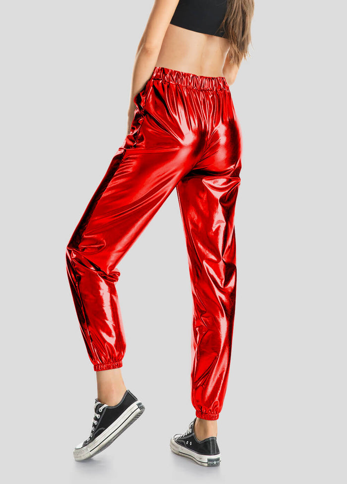 Women's Shiny Metallic Jogger Pants - High Waisted Disco Party & Rave ...