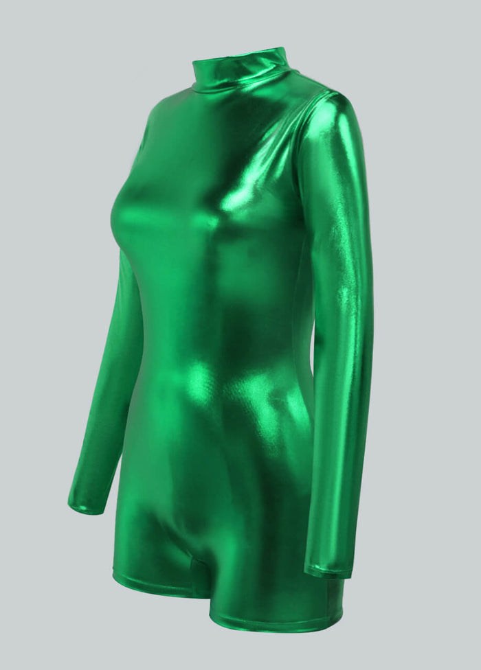 Women's Shiny Metallic Long Sleeve Romper - Mock Neck Disco Party Unitard
