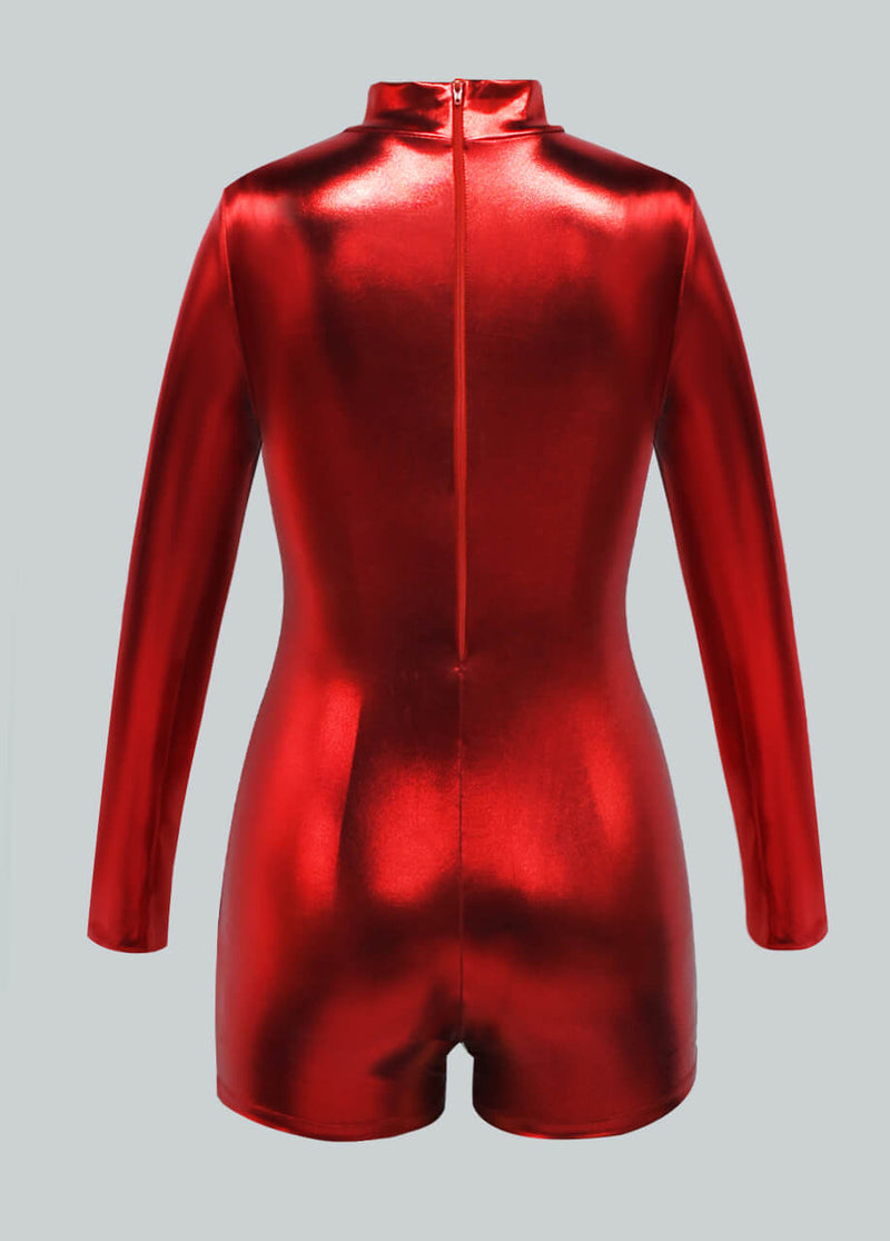Women's Shiny Metallic Long Sleeve Romper - Mock Neck Disco Party Unitard