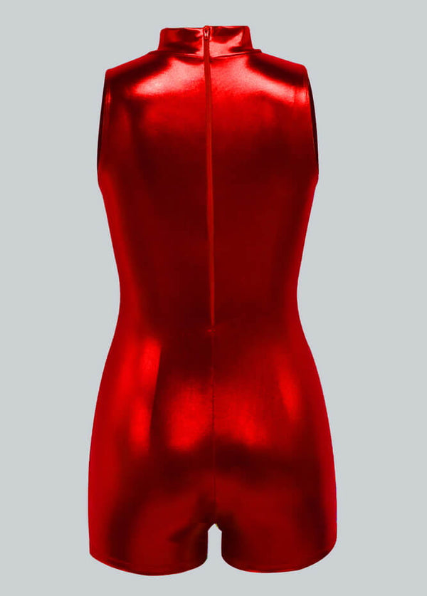 Women's Shiny Metallic Sleeveless Romper - Mock Neck Disco Party Unitard