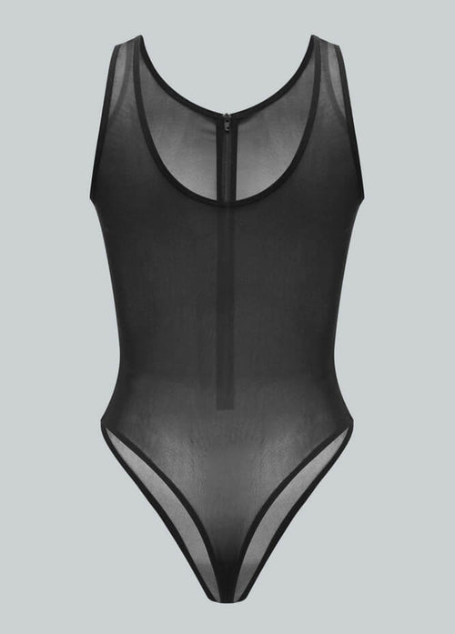 Womens Sleeveless Zip Front Sheer Mesh Bodysuit