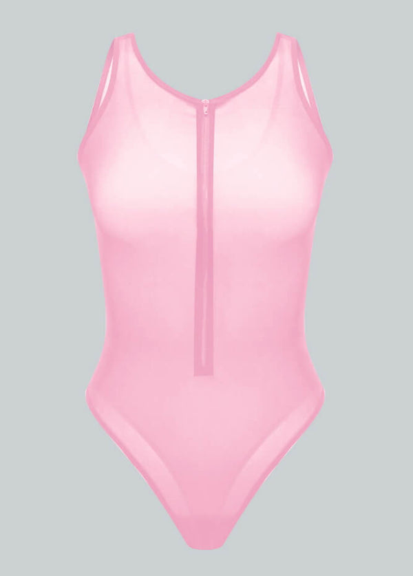 Womens Sleeveless Zip Front Sheer Mesh Bodysuit